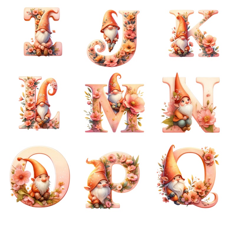 Watercolor Gnome Alphabet & Number Clipart, 36 PNG Files, Whimsical ...