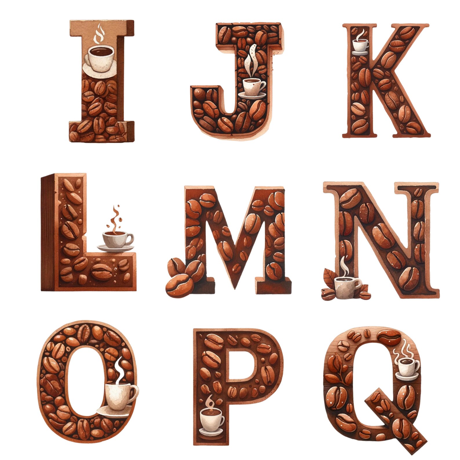 Coffee Bean Alphabet & Number PNG Clipart Set , 36 PNG Letters, A-Z 0-9 ...
