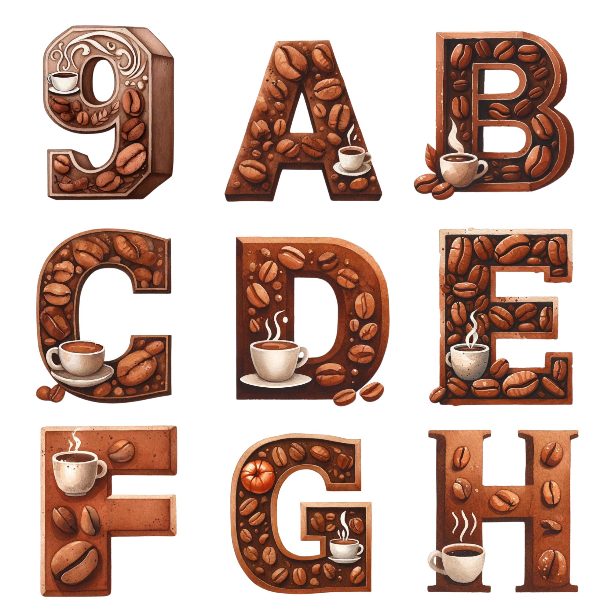 Coffee Bean Alphabet & Number PNG Clipart Set , 36 PNG Letters, A-Z 0-9 ...