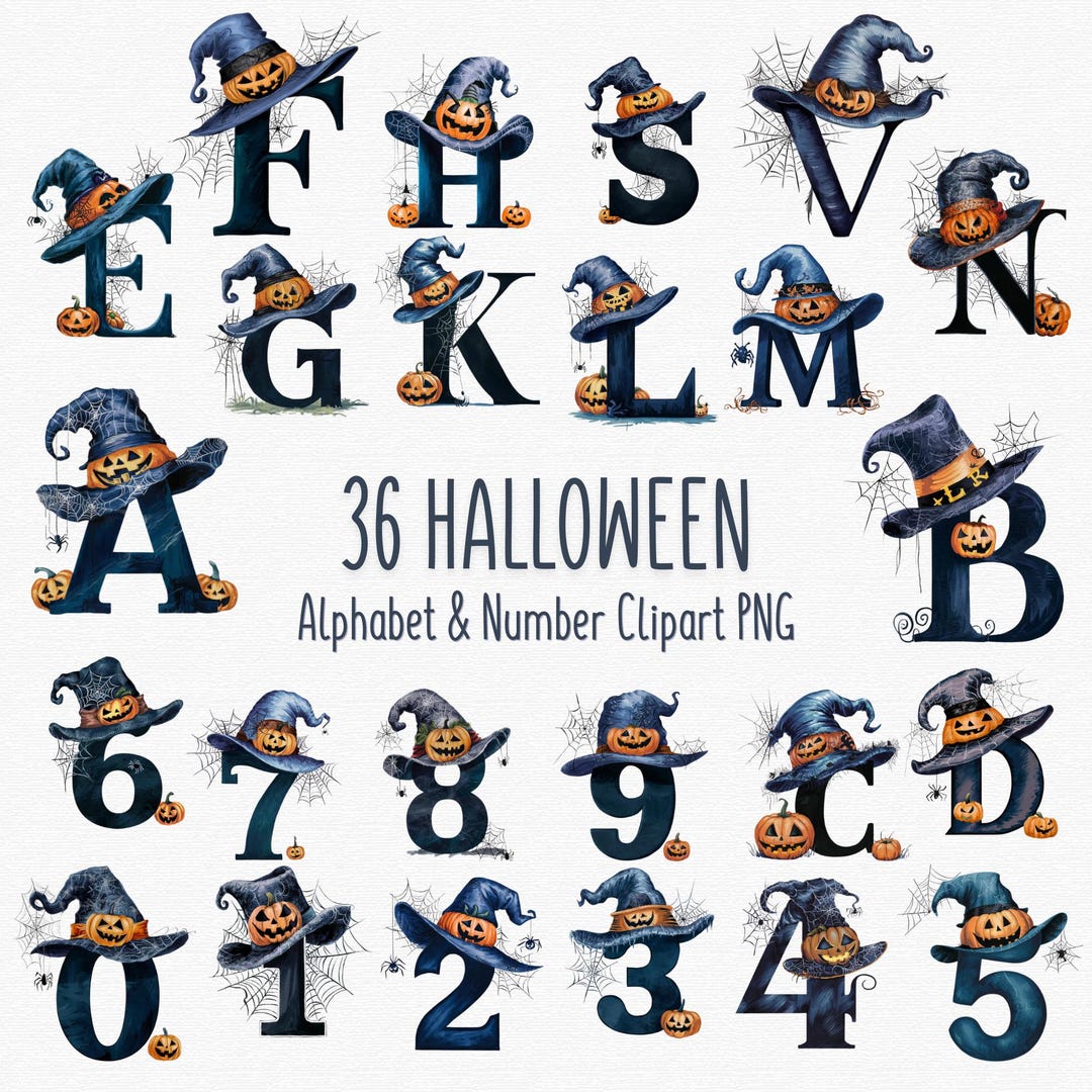 Cute Halloween Alphabet and Numbers PNG, A-Z 0-9 Clipart With Pumpkins ...