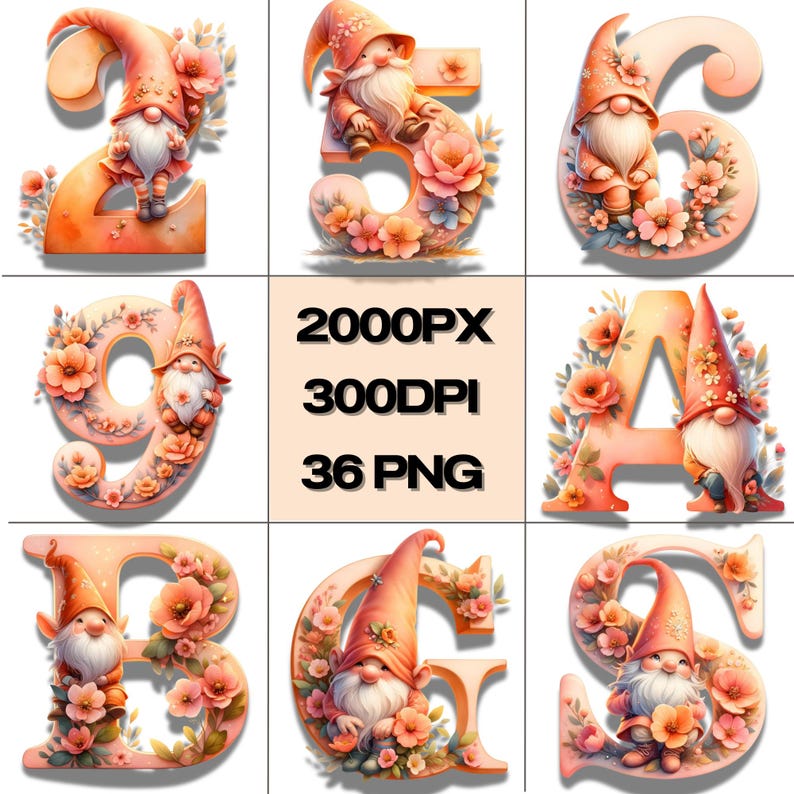 Watercolor Gnome Alphabet & Number Clipart, 36 PNG Files, Whimsical ...