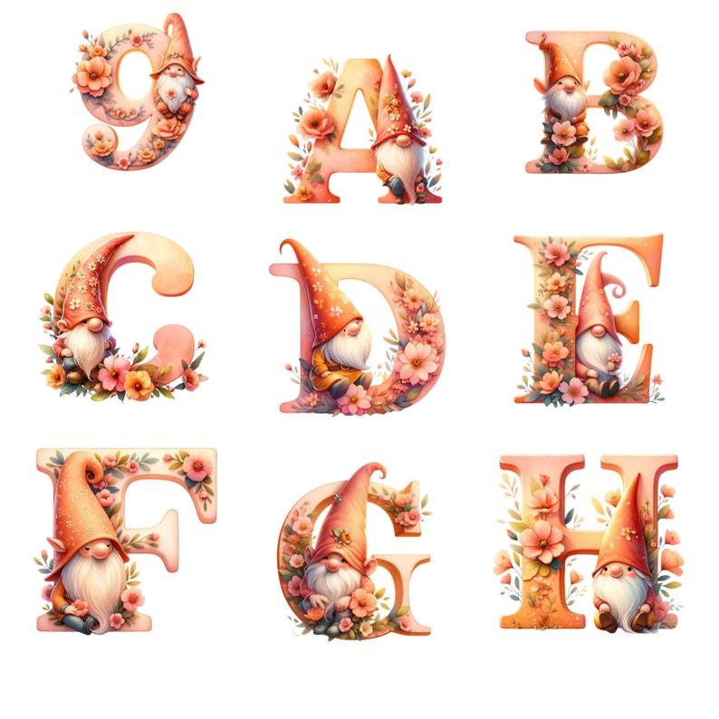 Watercolor Gnome Alphabet & Number Clipart, 36 PNG Files, Whimsical ...
