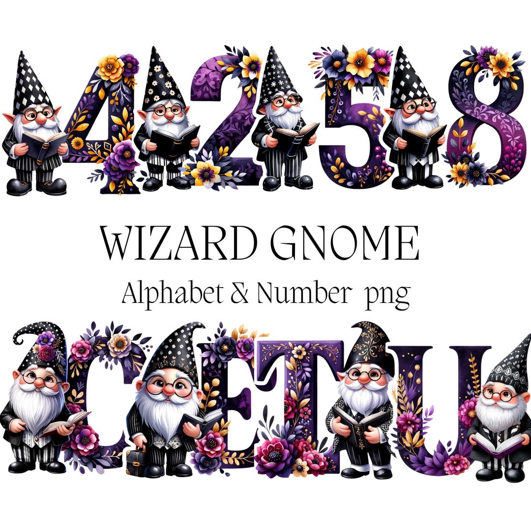 Magical Wizard Gnome Alphabet & Number PNG Clipart Set A-Z, 0-9, 36 ...