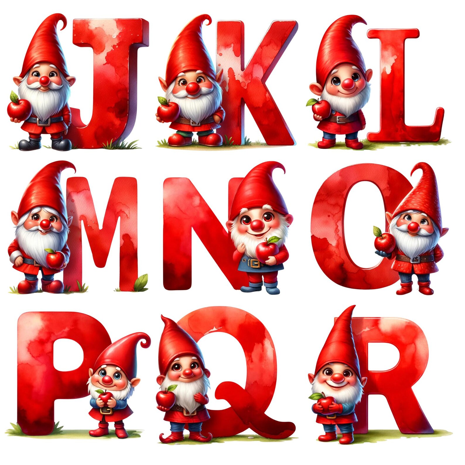 Watercolor Gnome Alphabet PNG A-Z, Gnome Font Clipart A-Z, 26 Gnome ...