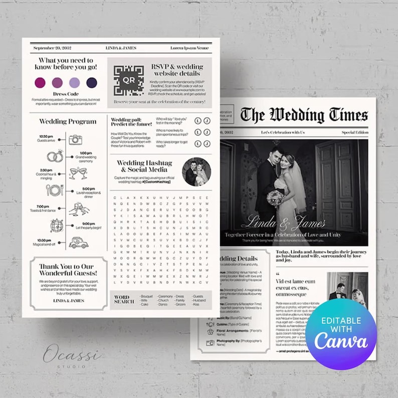Vintage Wedding Newspaper Flyer Template | Editable Program, Schedule ...