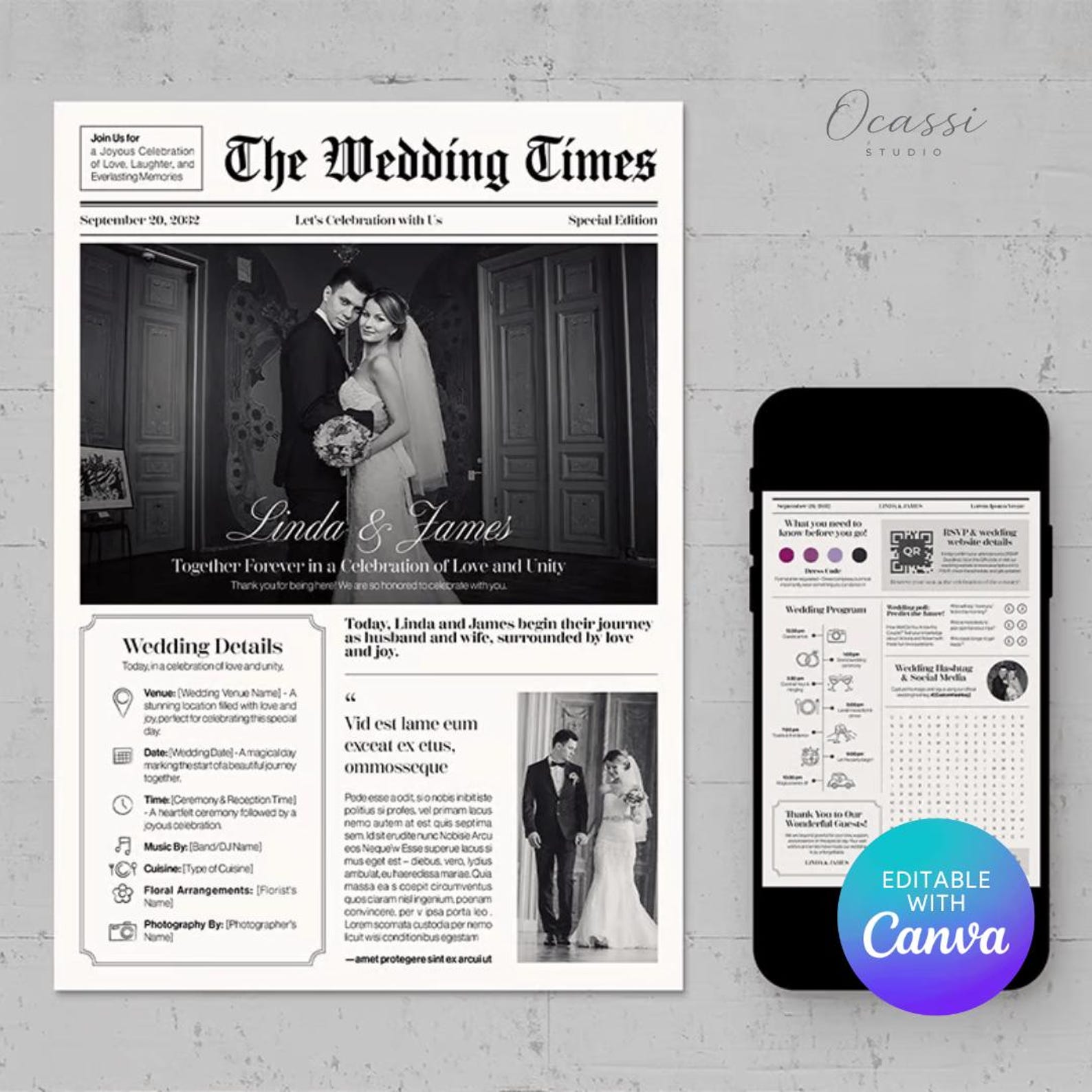 Vintage Wedding Newspaper Flyer Template | Editable Program, Schedule ...