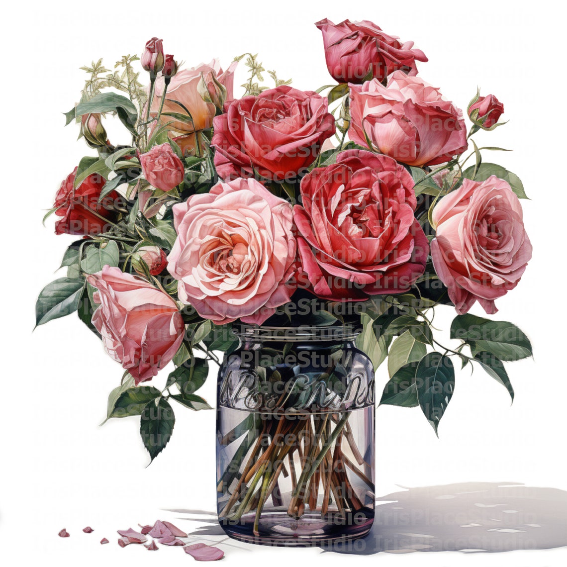 Pink and Red Rose Bouquet in Mason Jar, Rose in Glass Jar, Watercolor ...