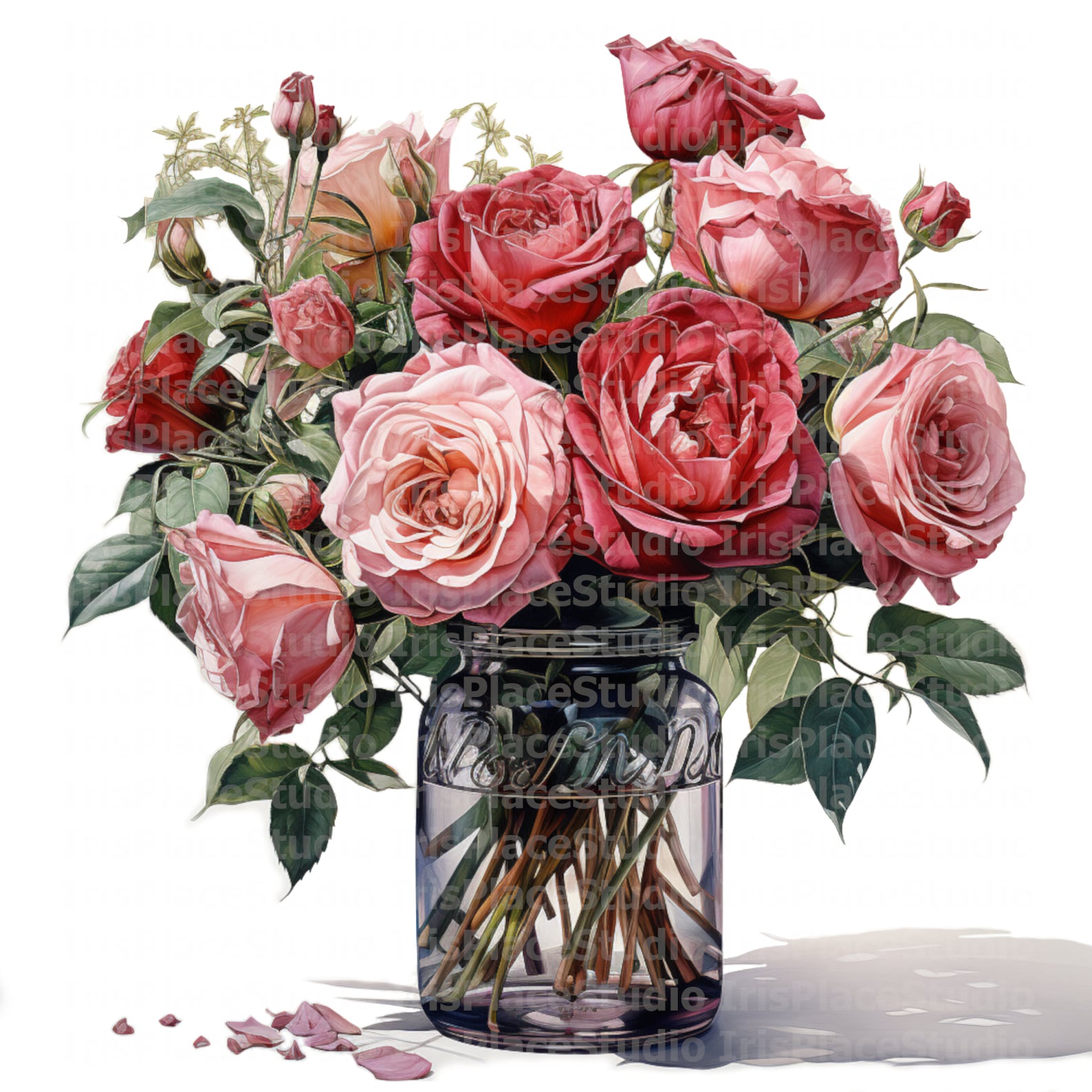 Pink and Red Rose Bouquet in Mason Jar, Rose in Glass Jar, Watercolor ...