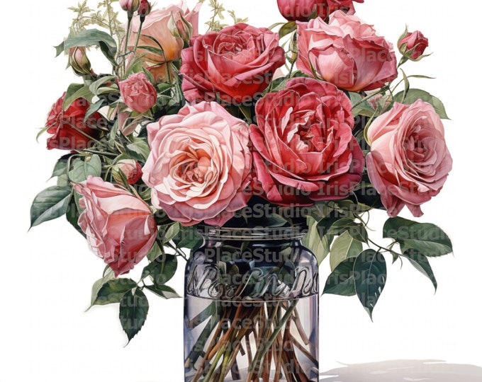 Pink and Red Rose Bouquet in Mason Jar, Rose in Glass Jar, Watercolor ...