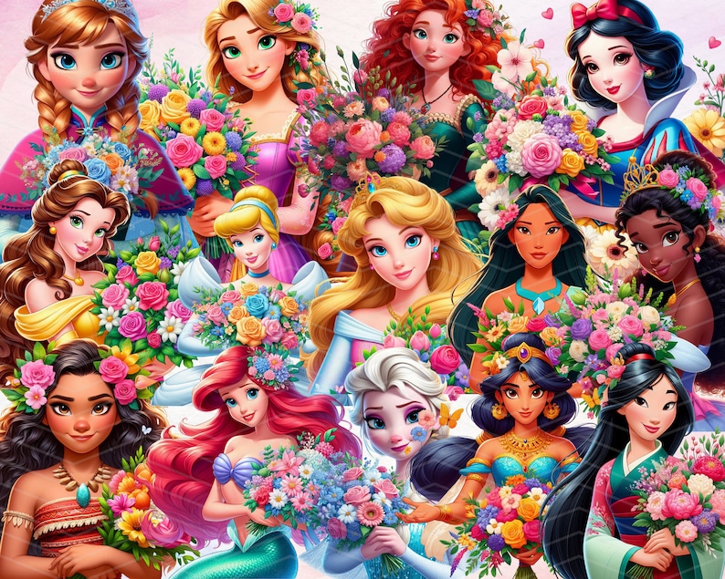 40 Princess Floral Clip Art Png, Princess Clipart Bundle, Cartoon ...