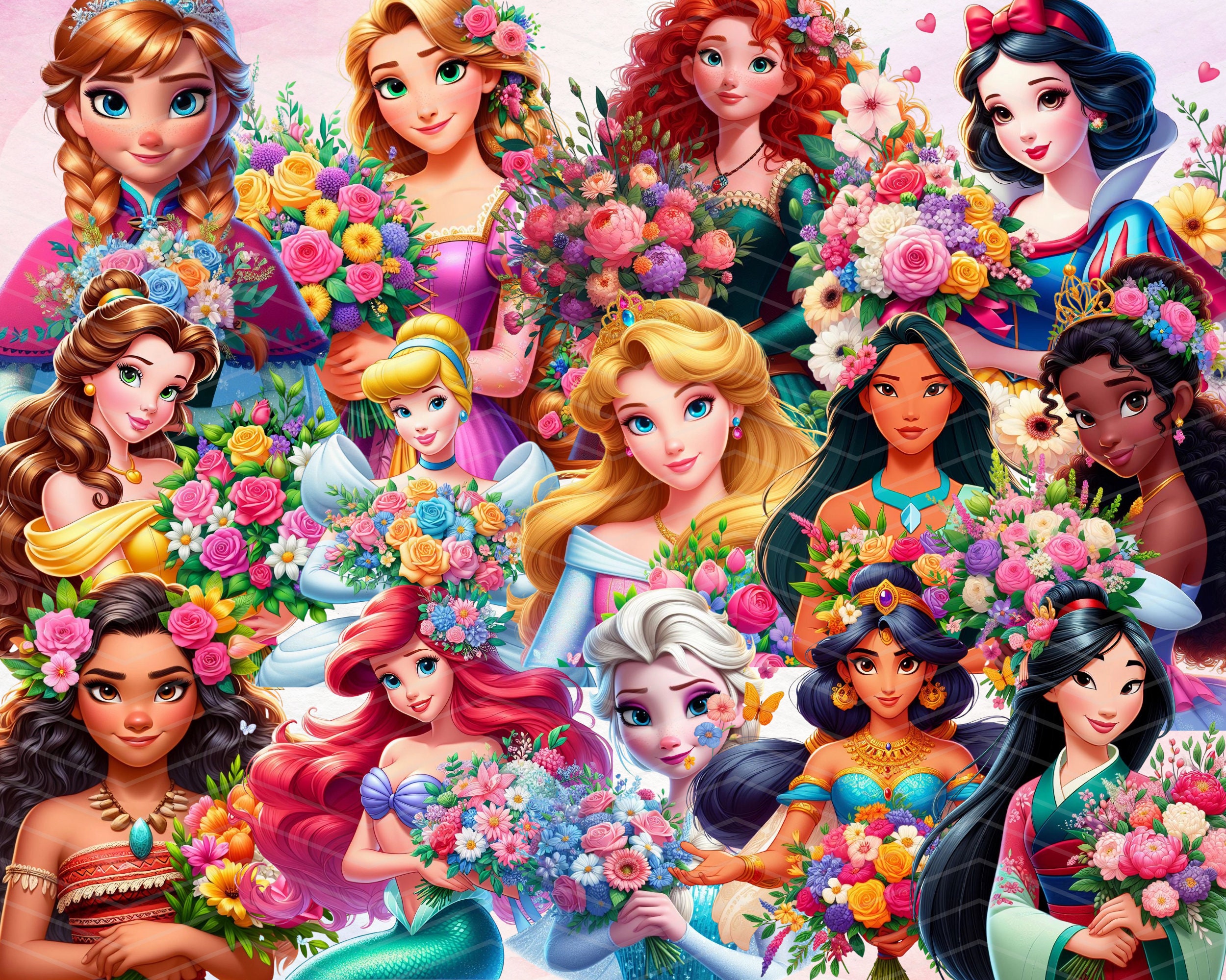40 Princess Floral Clip Art Png, Princess Clipart Bundle, Cartoon ...