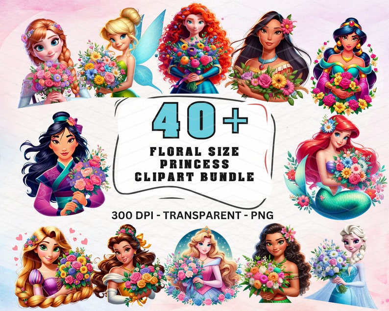 40 Princess Floral Clip Art Png, Princess Clipart Bundle, Cartoon ...