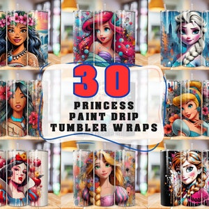 30 Princess Paint Drip Tumbler Wrap Png, 20oz Princess Tumbler Bundle ...
