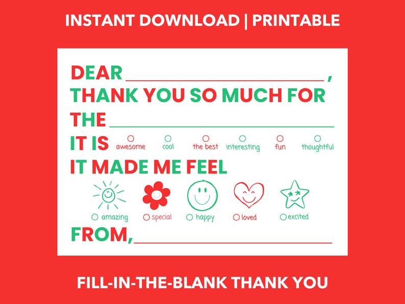 Kids Thank You Cards | Kids Fill in Emotions Thank You Cards Notes ...