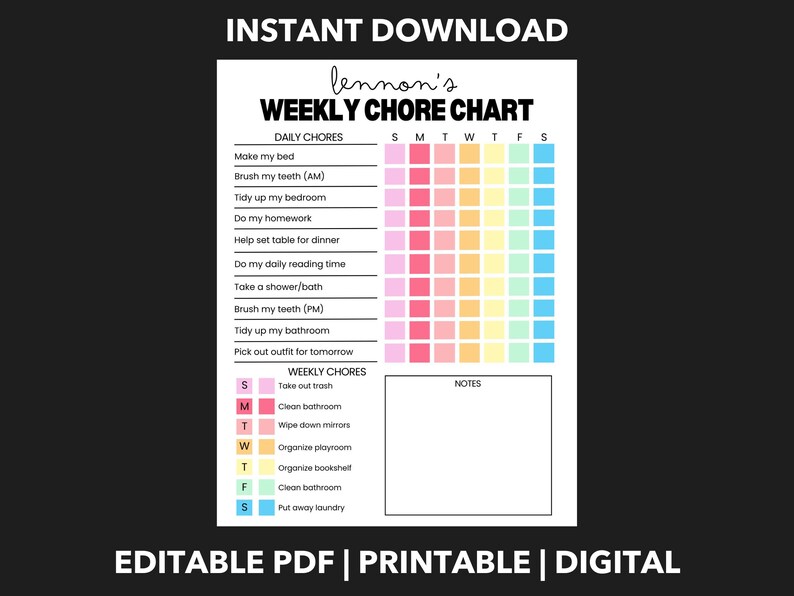 Editable Chore Chart for Kids & Toddlers Daily Routine Checklist for ...