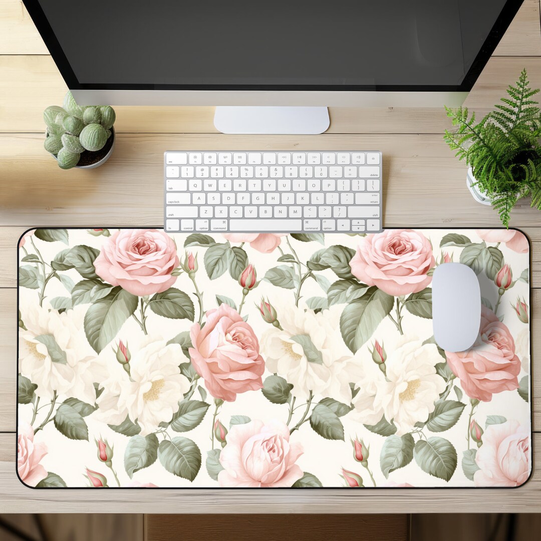 Vintage Cottagecore Desk Mat | Botanical Pink Rose Mouse Pad ...
