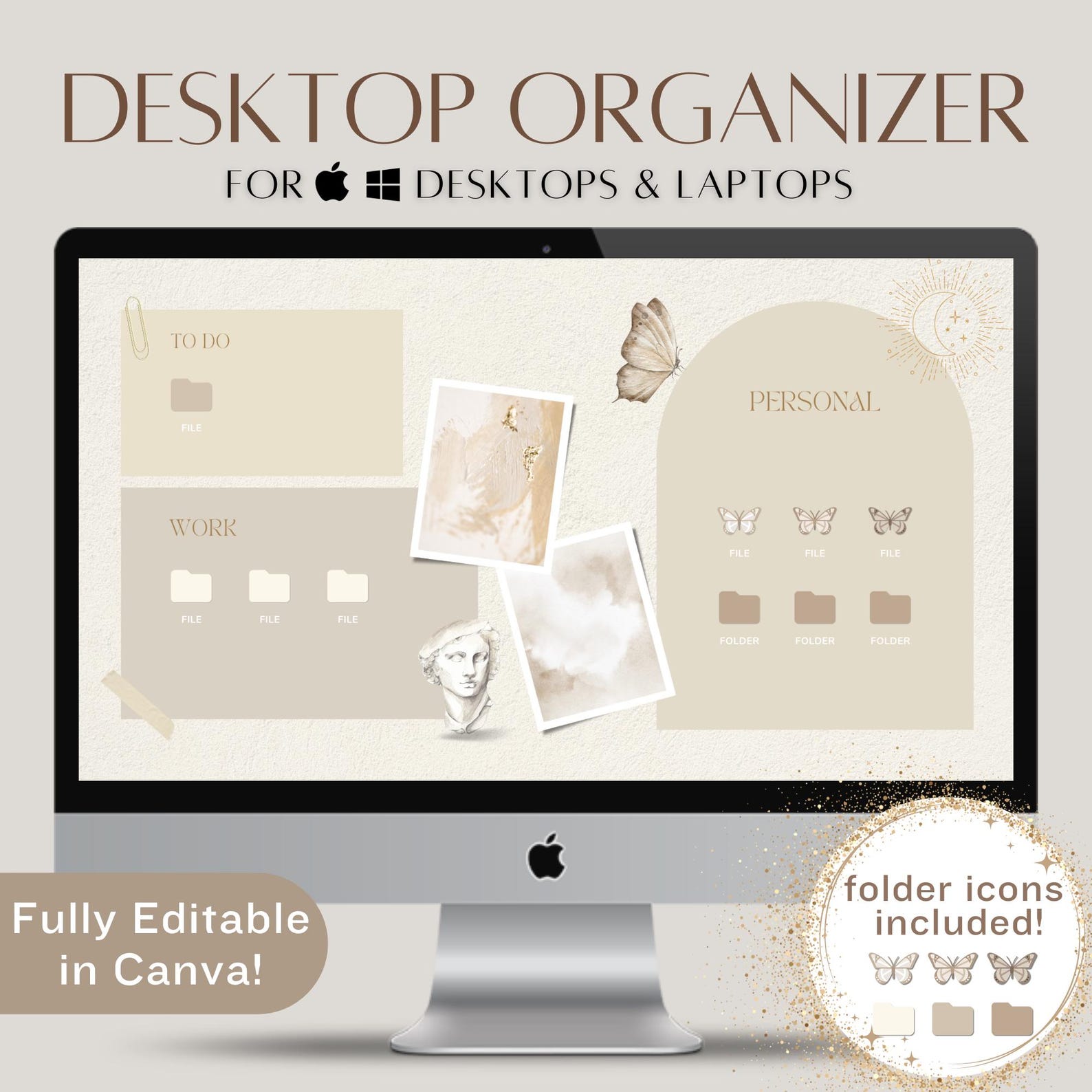 Neutral Desktop Organizer Wallpapers With Editable Canva Template for ...