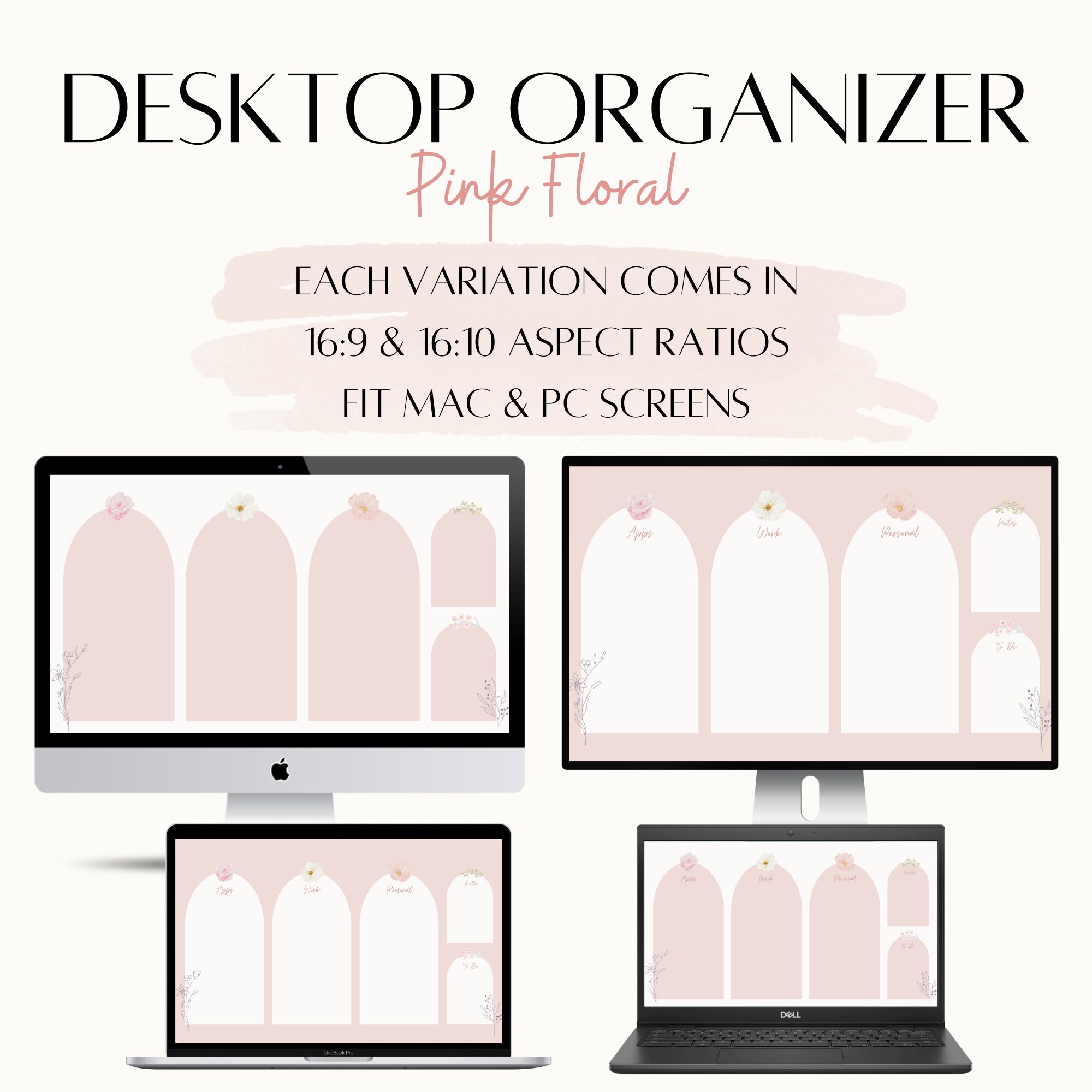 Set of 4 Pink Floral Desktop Organizer Wallpaper Mac PC Laptop ...