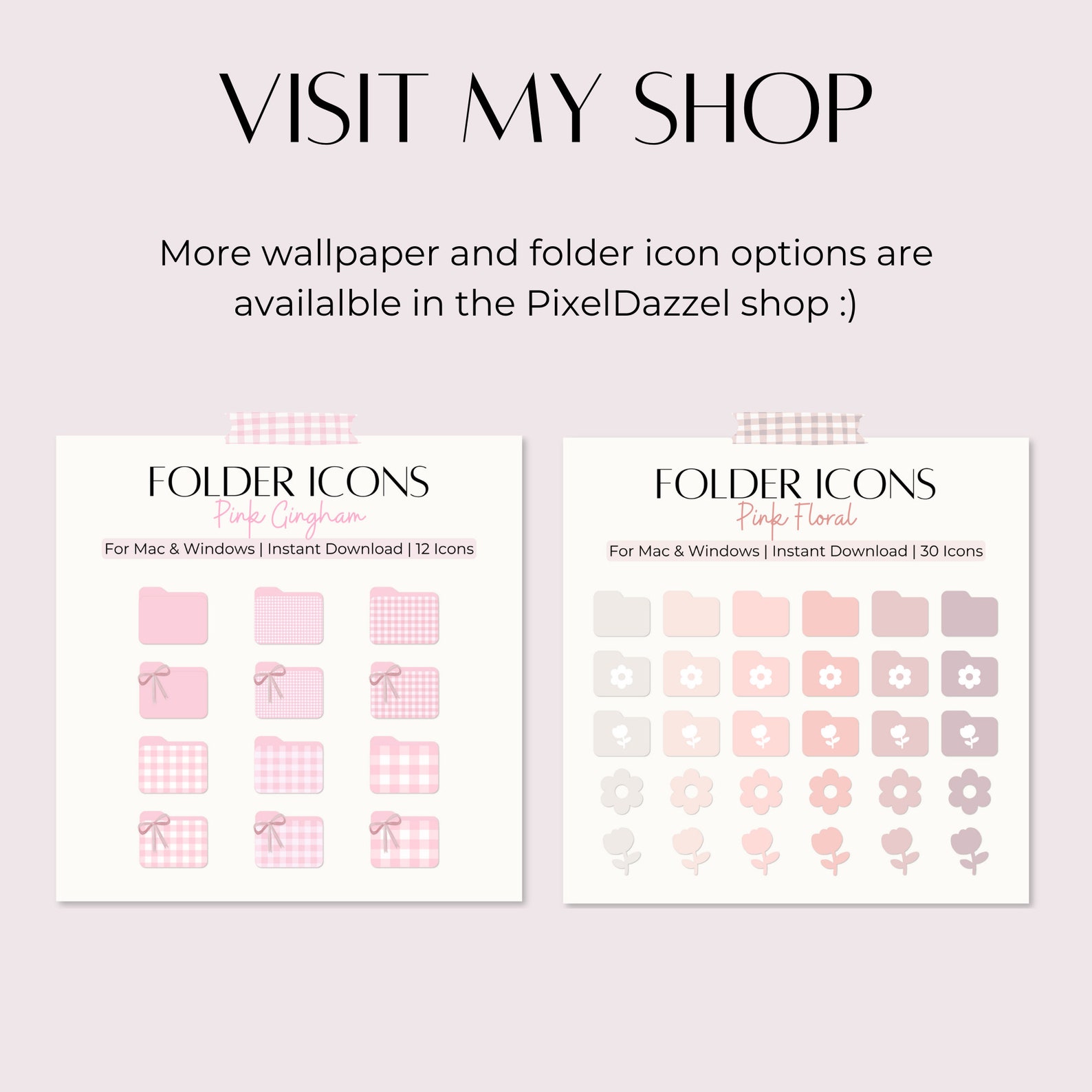 12 Blue Gingham Folder Icons With 6 Bonus Wallpapers for Mac & Windows PC Desktop Organizer Cute ...