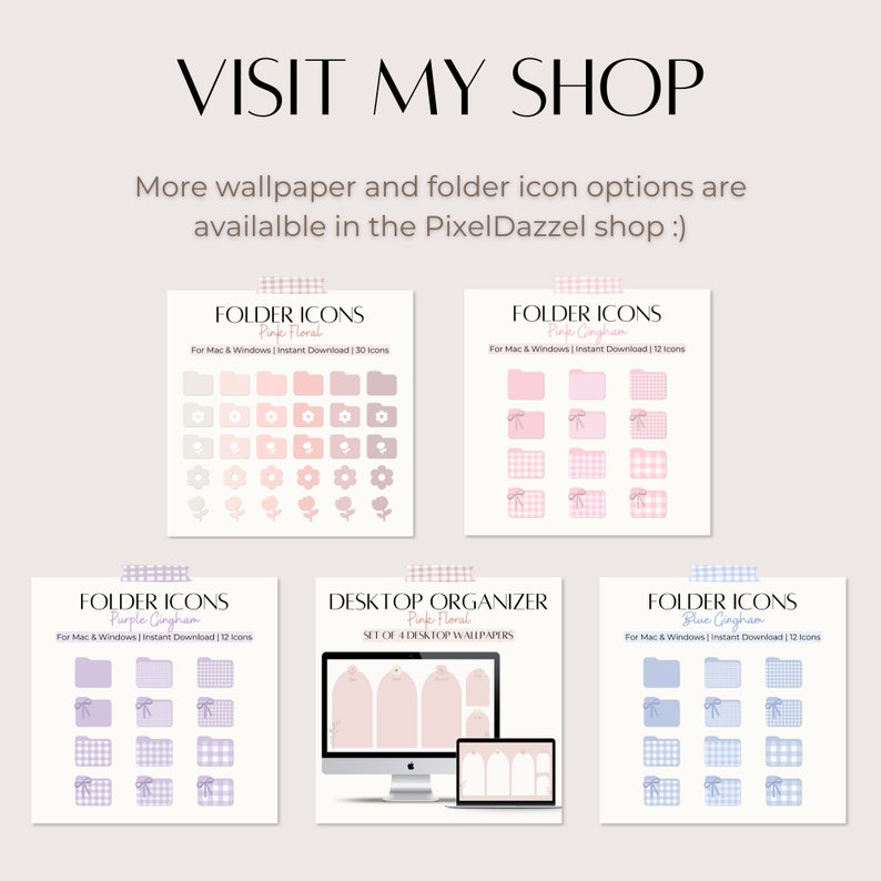 12 Beige Gingham Folder Icons With 6 Bonus Wallpapers for Mac Windows PC Desktop Folder ...