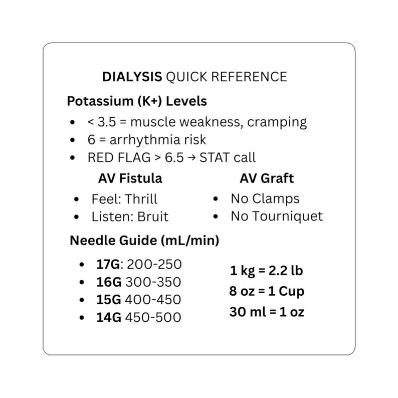 Dialysis Quick Reference Sticker: Nurse/tech Cheat Sheet - Etsy