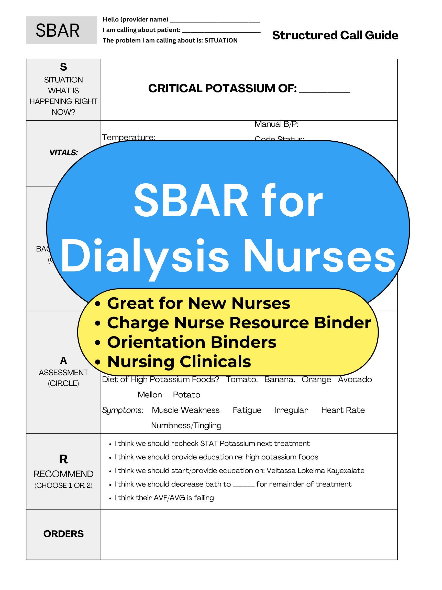 Dialysis Nurse SBAR Template: RN Shift Report Guide (digital Download ...