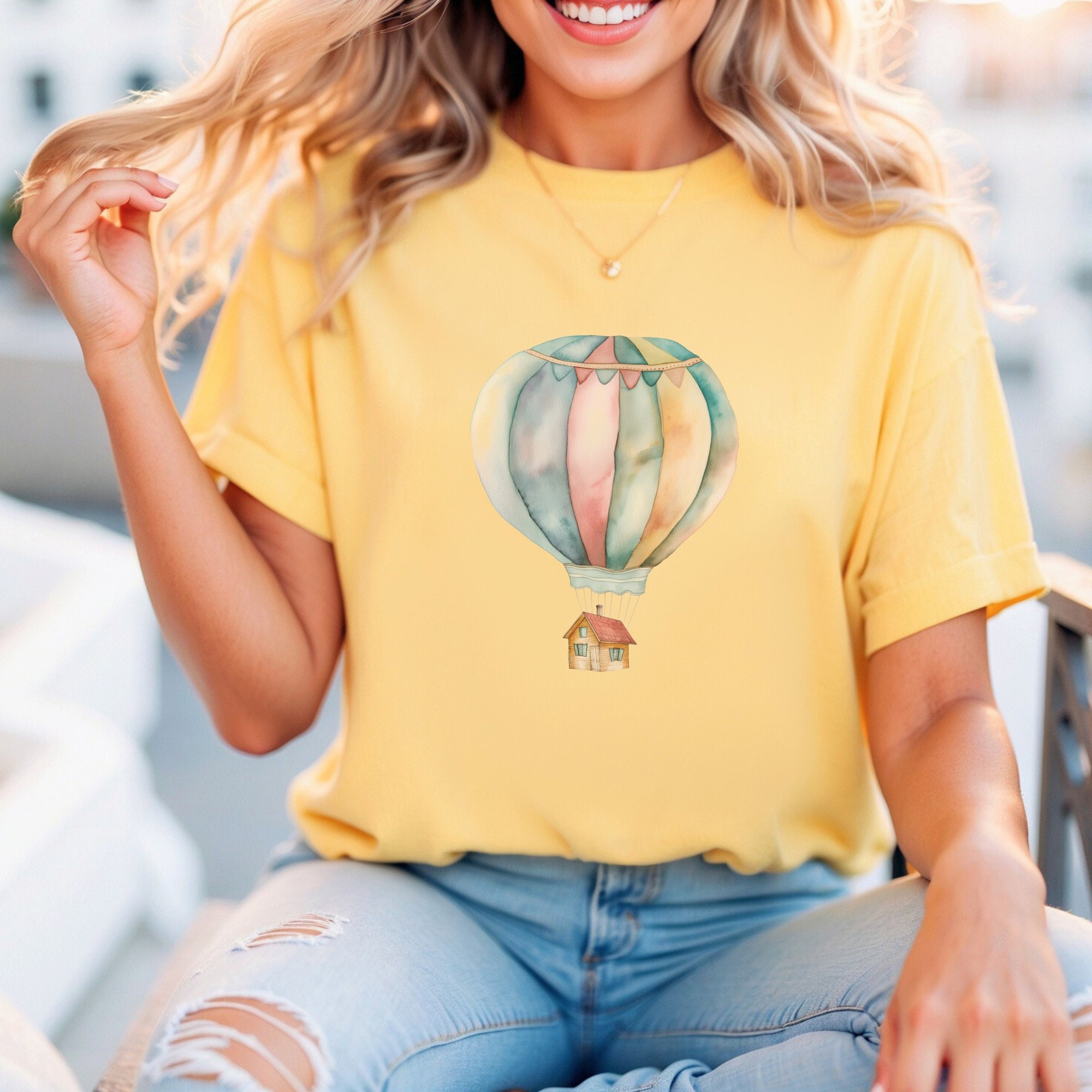 Hot Air Balloon T-shirt, Watercolor Design Tee, Colorful Airship Top ...