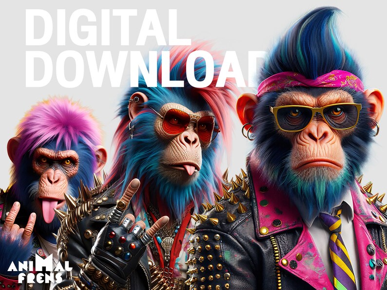 24 PNG APE the 80’s Rockers - Monkey - Clipart Bundle - Animal PNG, Digital - Printable Art ...