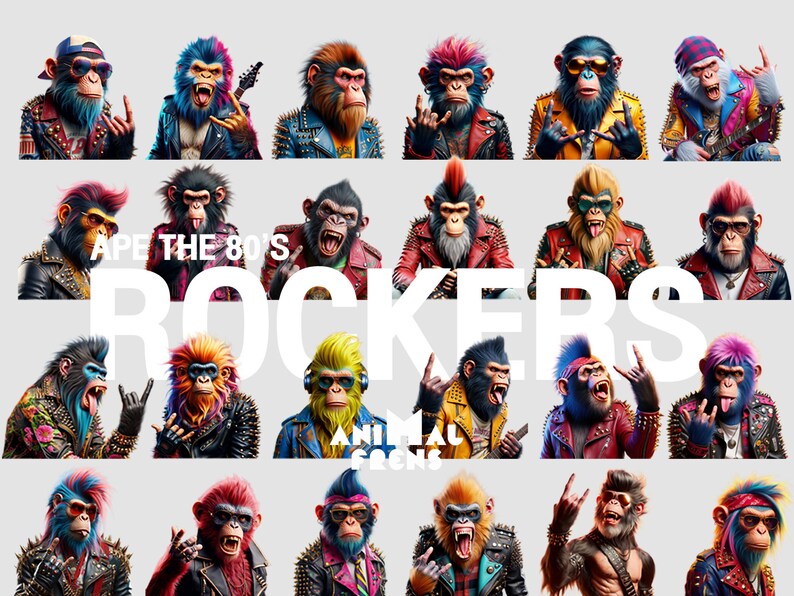 24 PNG APE the 80’s Rockers - Monkey - Clipart Bundle - Animal PNG ...