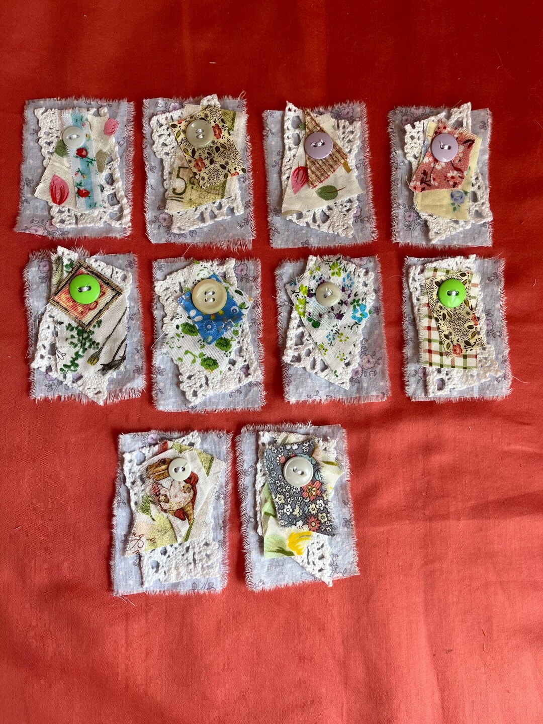 Set of TEN 2" X 3" Fabric Snippet Clusters - Colorful Prints, Pale Blue ...