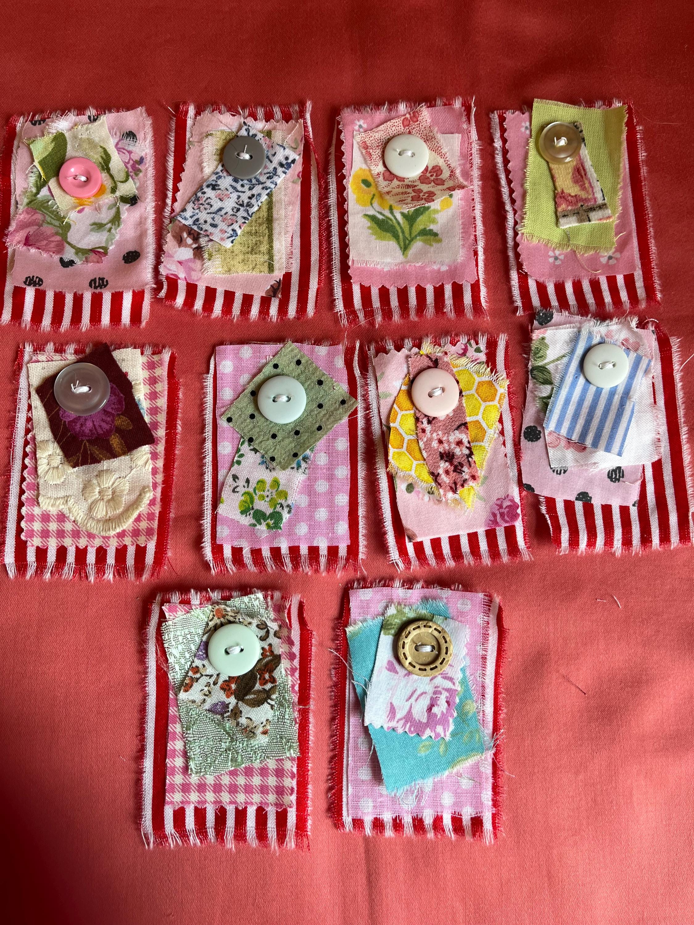 Set of TEN 2" X 3" Fabric Snippet Clusters - Colorful Prints, Red Stripes, 4 Layers, Buttons ...