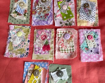 Set of TEN 2" X 3" Fabric Snippet Clusters - Colorful Prints, Pale Blue ...