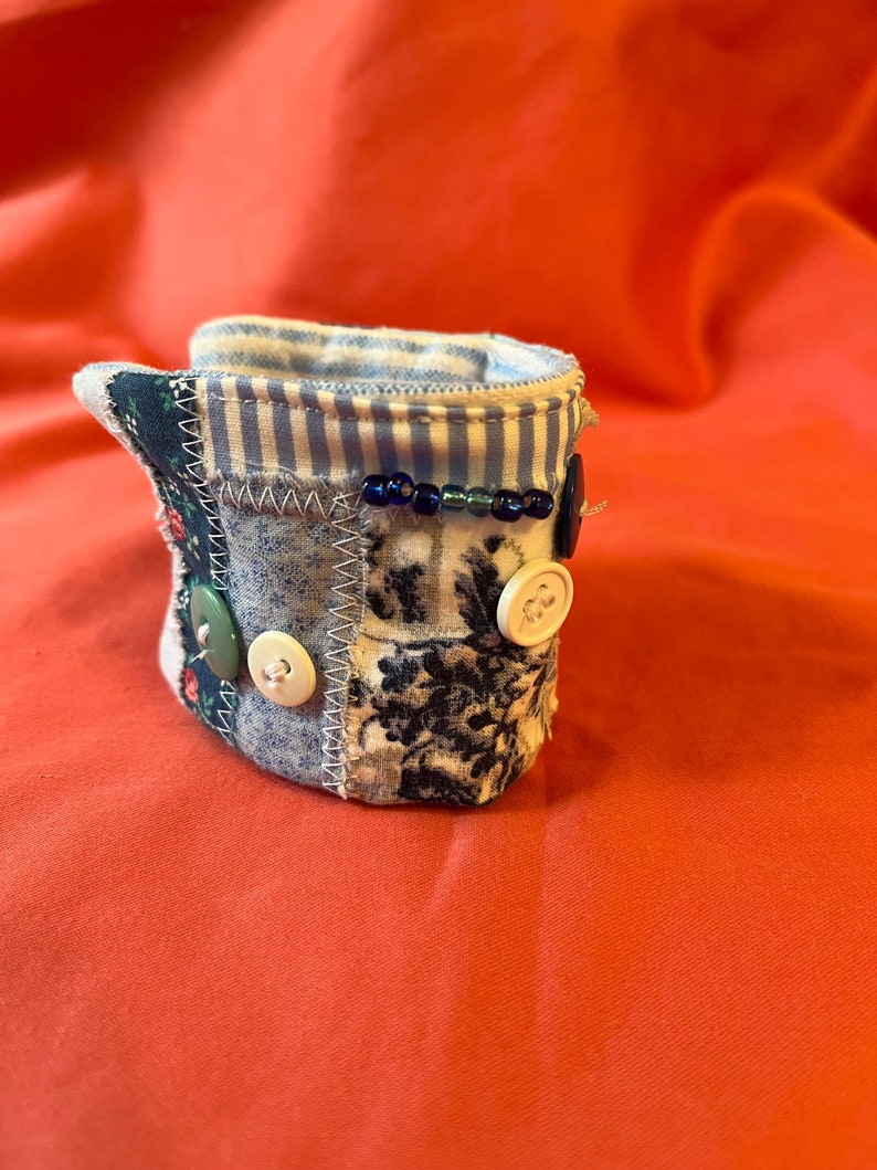 2.5" X 7" Fabric Cuff Bracelet -- Blue Tones With Red -- Vintage Fabrics, Buttons, Beads SR201 ...