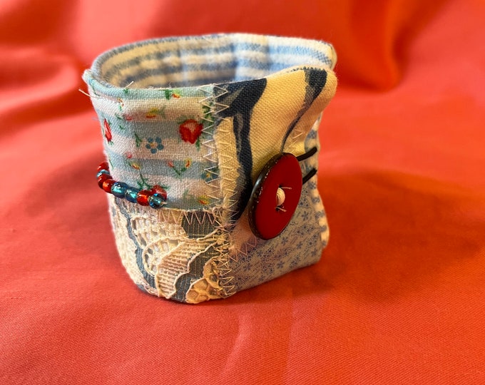 2.5" X 7" Fabric Cuff Bracelet -- Blue Tones With Red -- Vintage ...