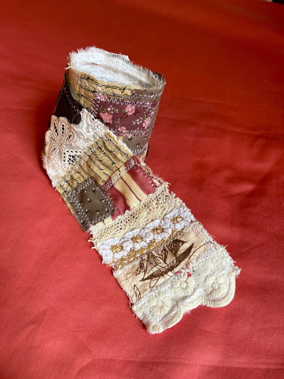 3" X 40" Fabric Snippet Roll Collage-- Brown Beige Pink With Lace ...