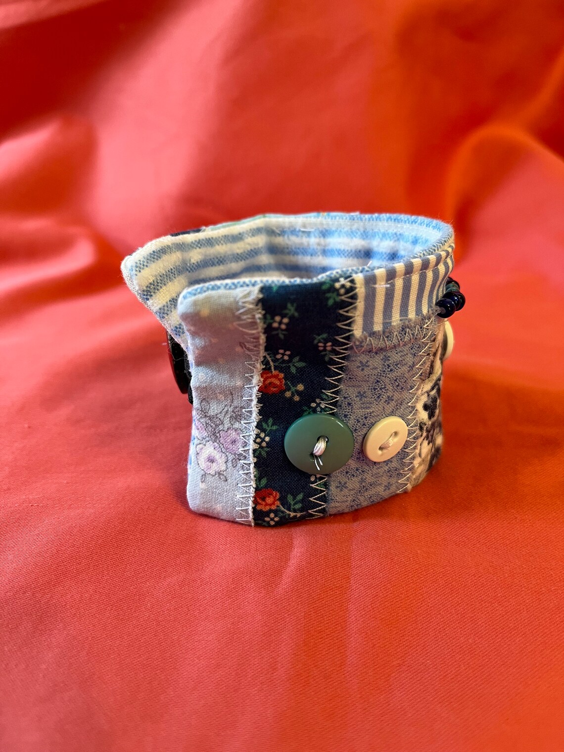 2.5 X 7 Fabric Cuff Bracelet Blue Tones With Red Vintage Fabrics, Buttons, Beads SR201 - Etsy
