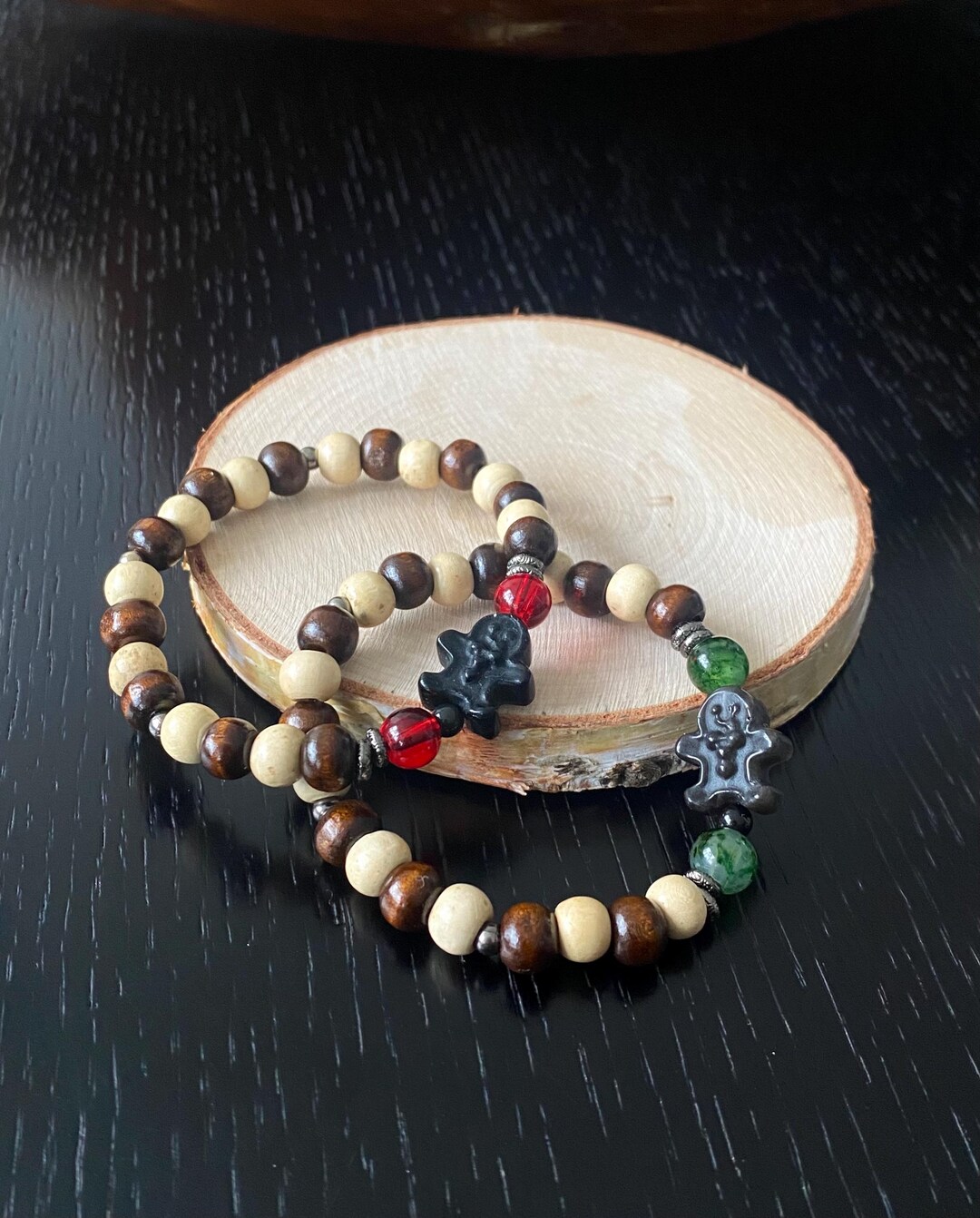 Black Obsidian Gingerbread Man Bracelet With Wooden and Glass Beads - Etsy
