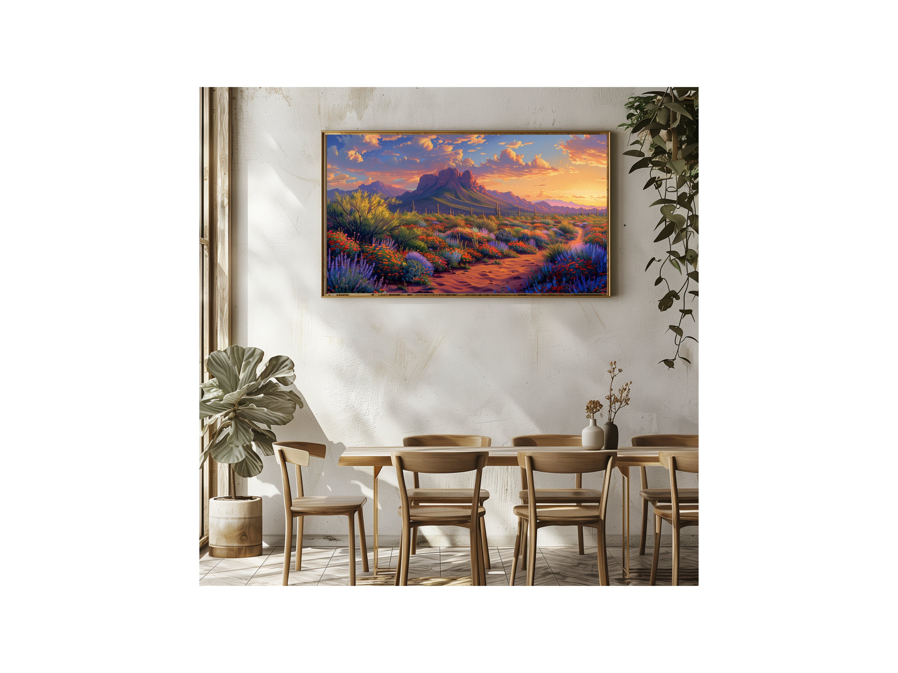 Digital Art, Blooming Desert Wildflowers With A Mountain Background ...