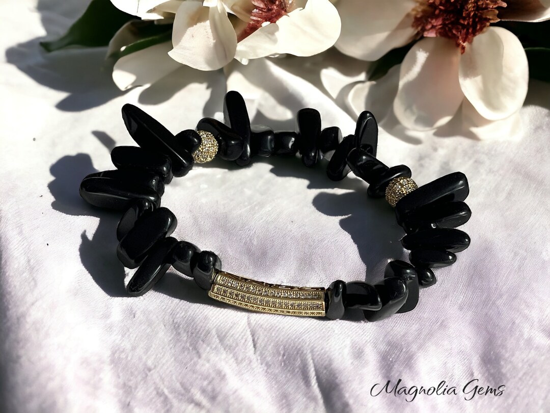 BLACK ONYX Stick Bead Bracelet With Gold Pavé - Etsy