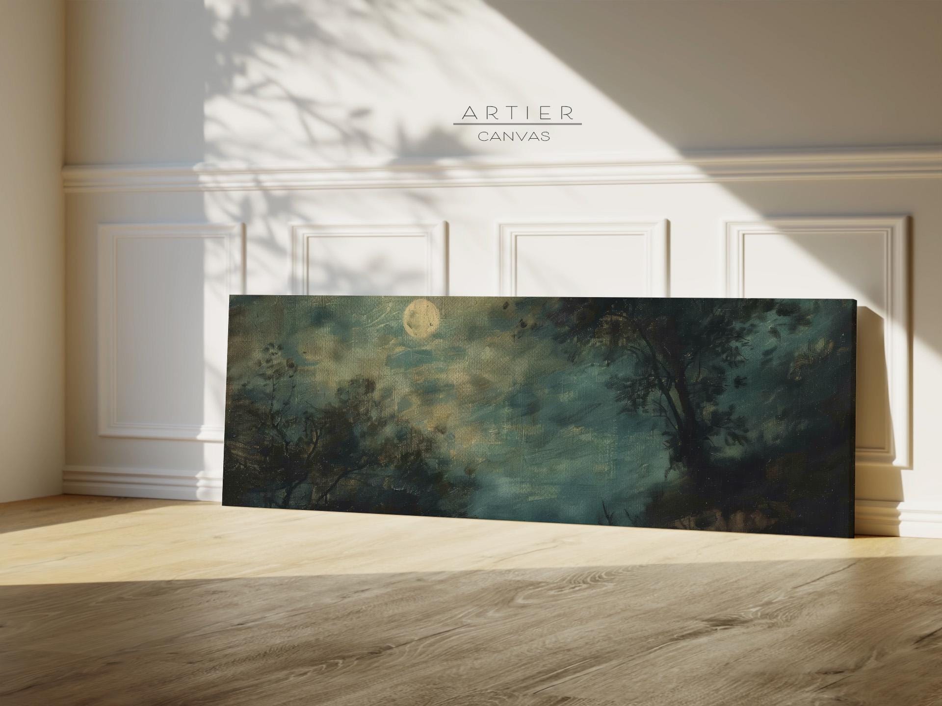 Framed Full Moon Forest Canvas Print: Long Horizontal Landscape Wall ...