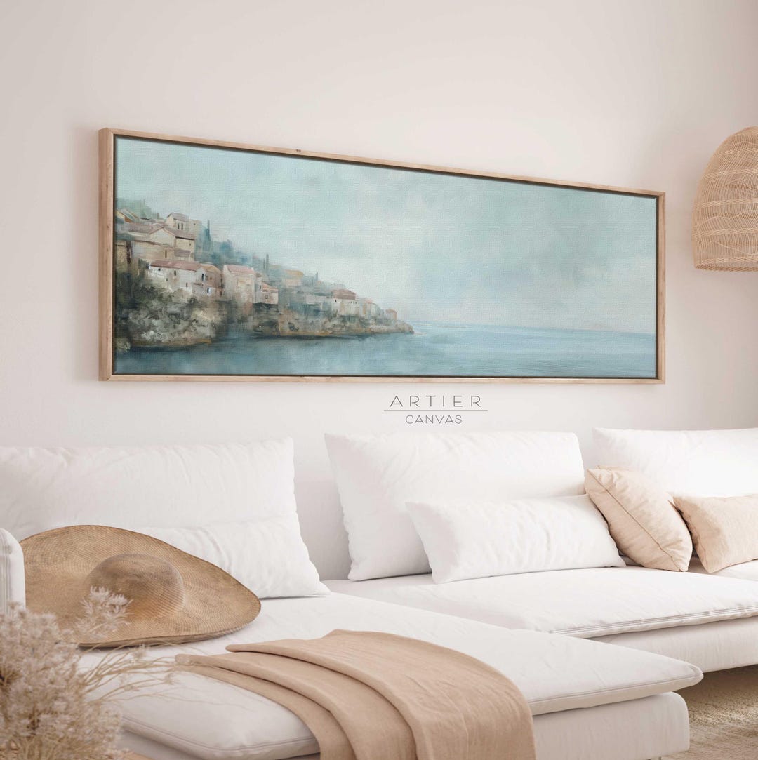 Muted Vintage Seaside Town Seascape Framed Canvas Print, Neutral ...