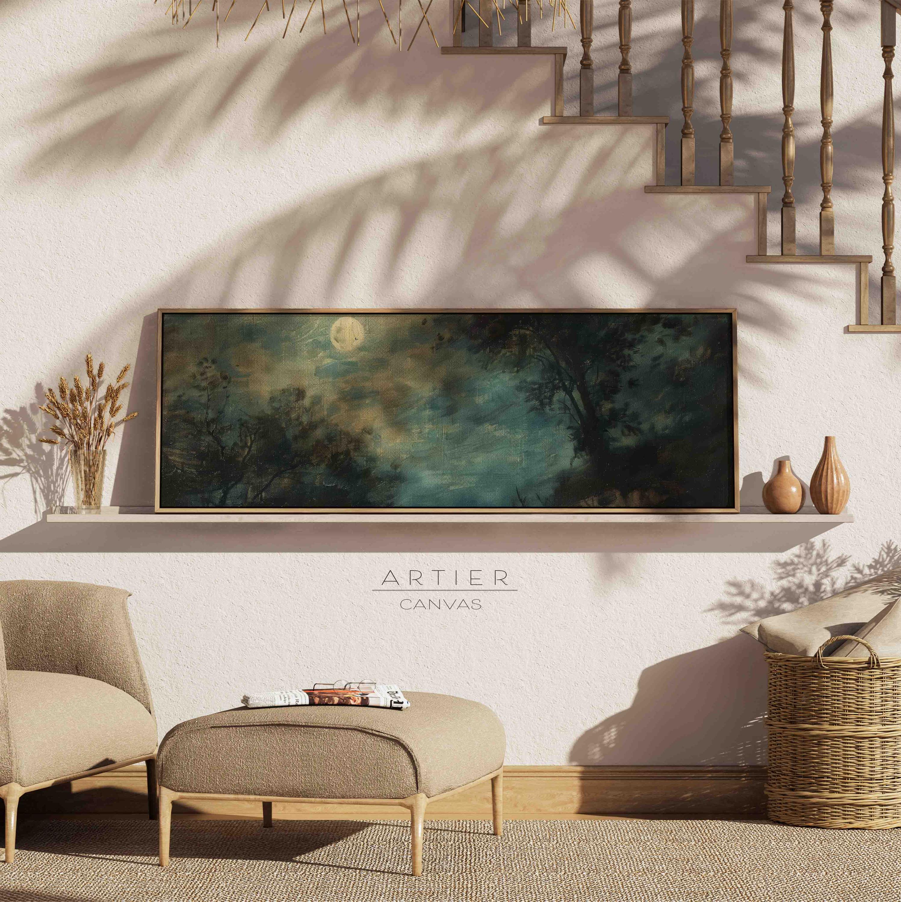 Framed Full Moon Forest Canvas Print: Long Horizontal Landscape Wall ...