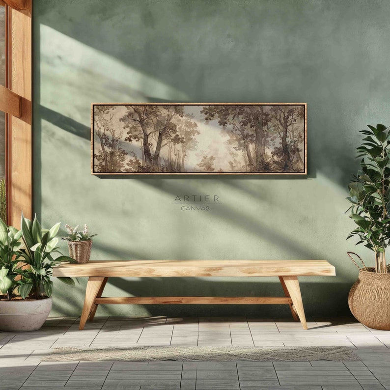 Framed Forest Canvas Print: Long Horizontal Ink Painting Style Wall Art ...