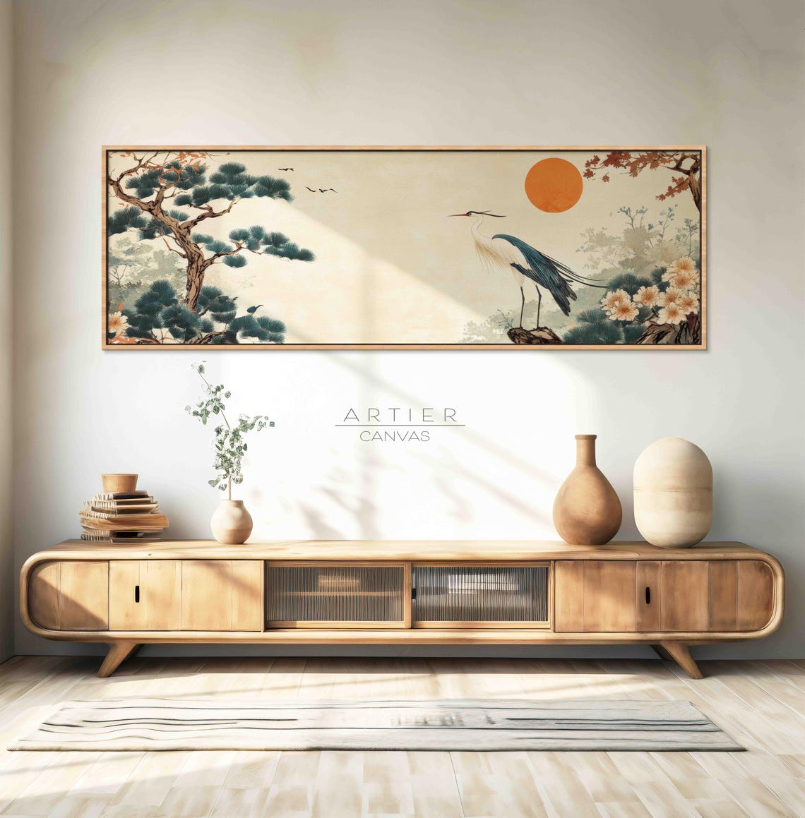 Framed Stork Sunset Canvas Print: Japanese Tapestry Landscape Wall Art ...
