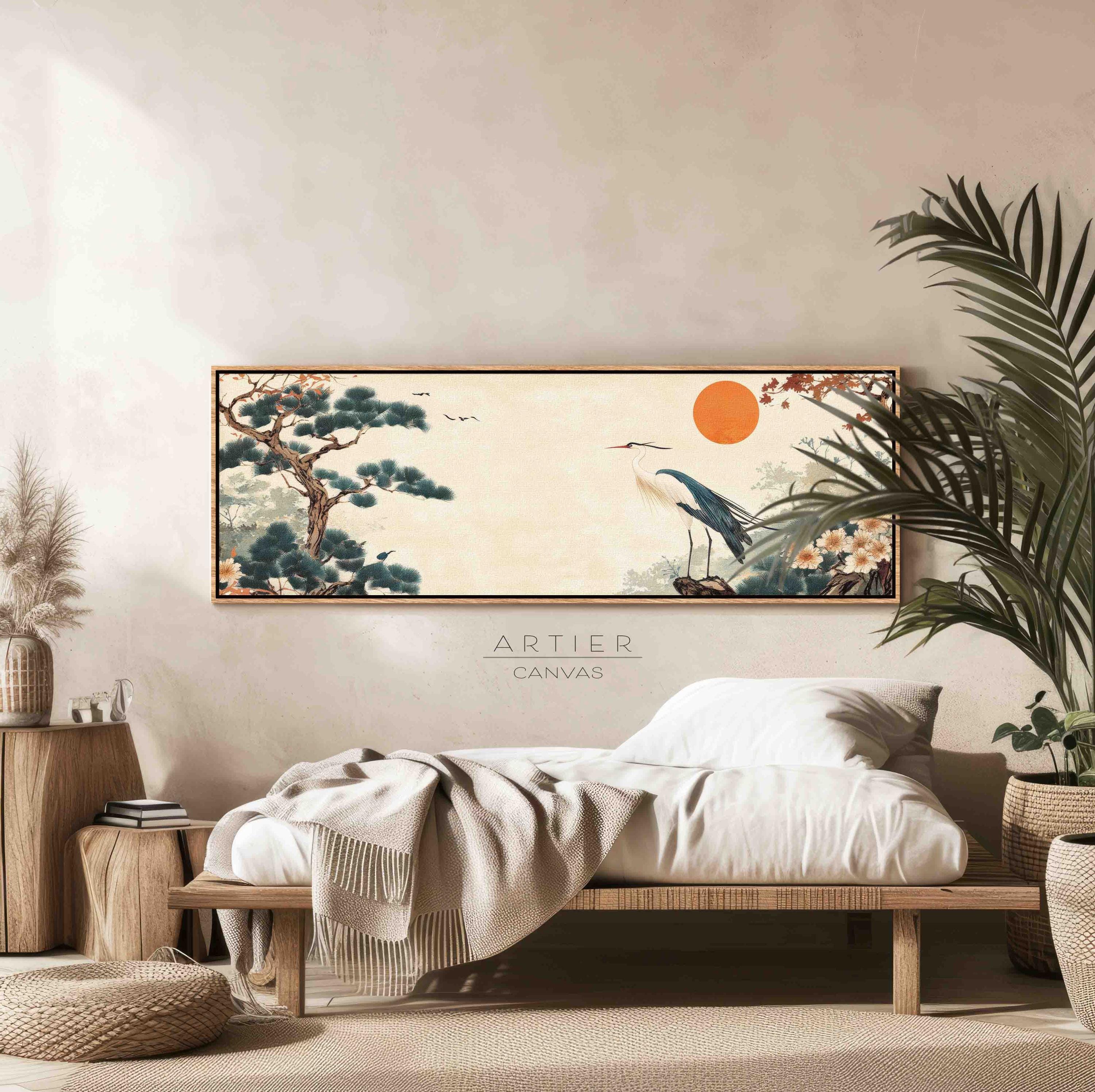 Framed Stork Sunset Canvas Print: Japanese Tapestry Landscape Wall Art ...