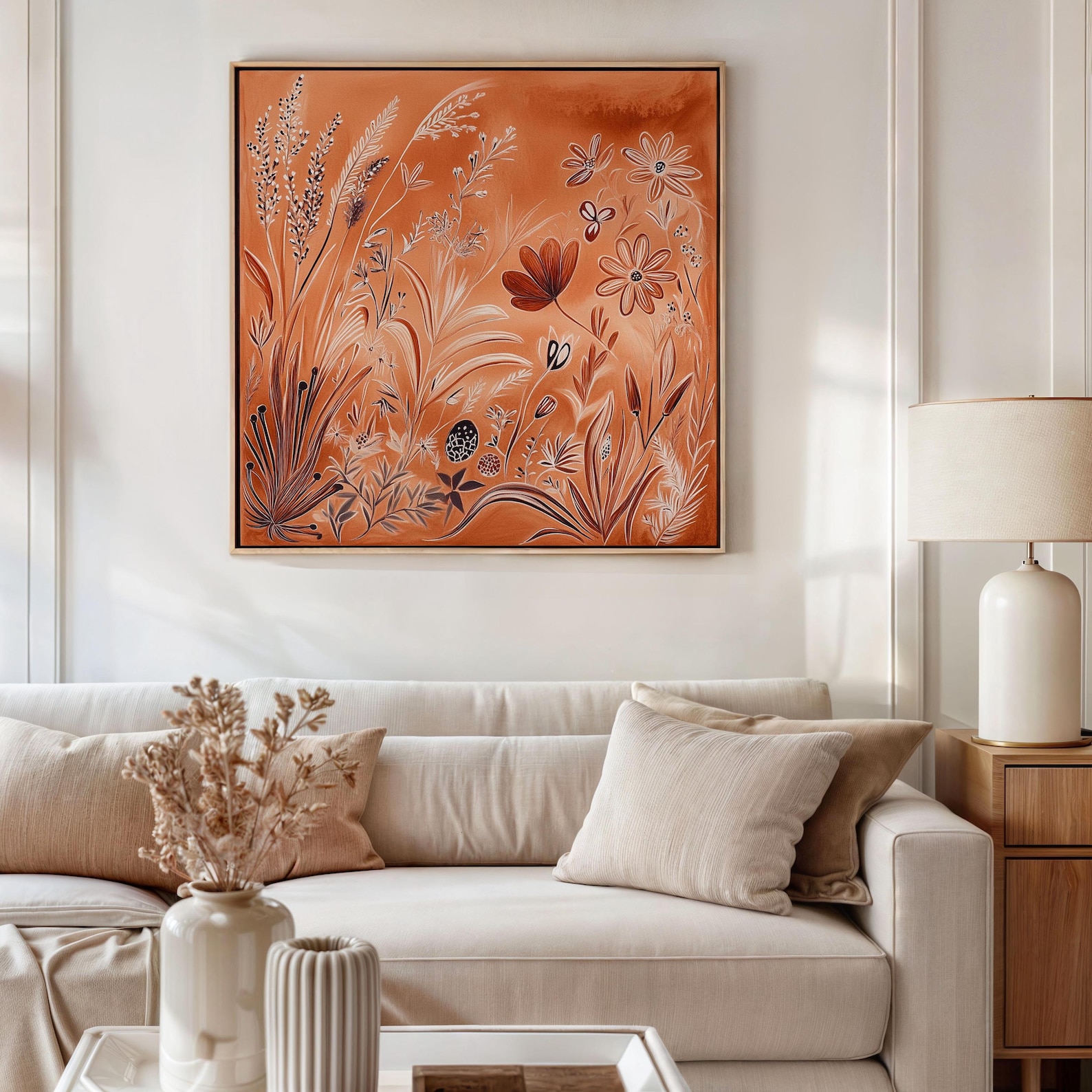 Terracotta Floral Folk Art Canvas Print, Modern Wildflower Wall Art - Etsy