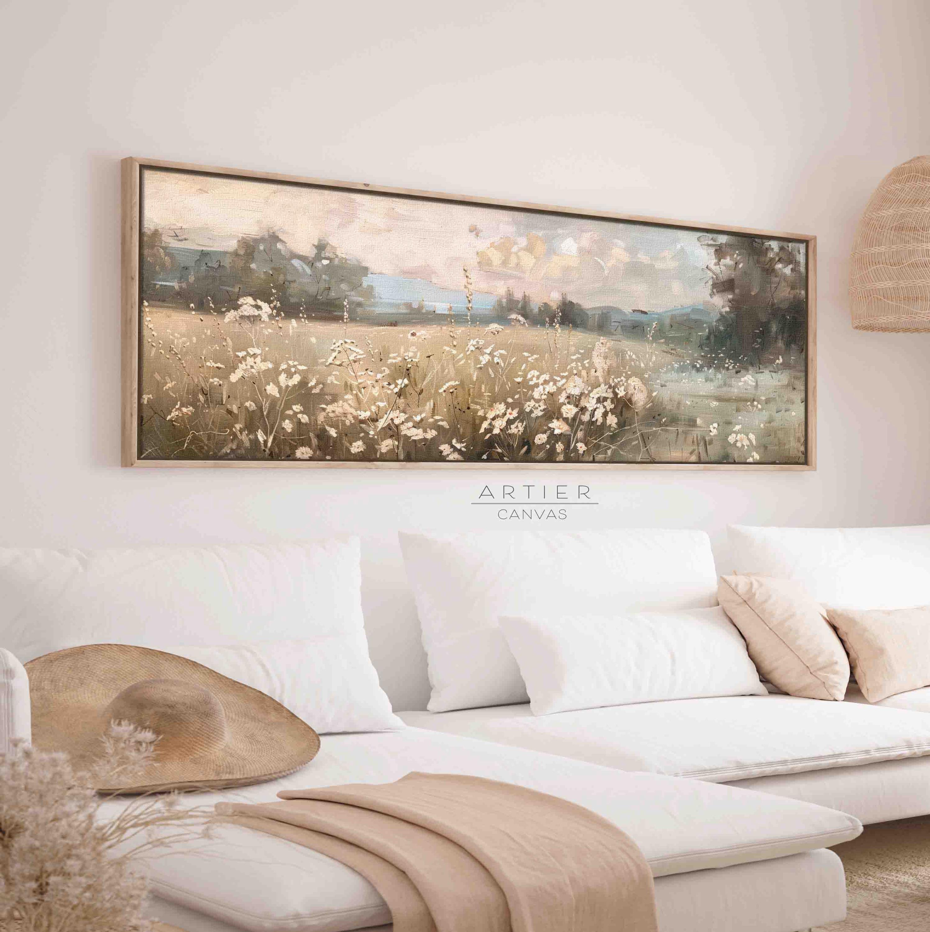 Vintage White Flowers Field Framed Canvas Art: Long Horizontal Spring ...