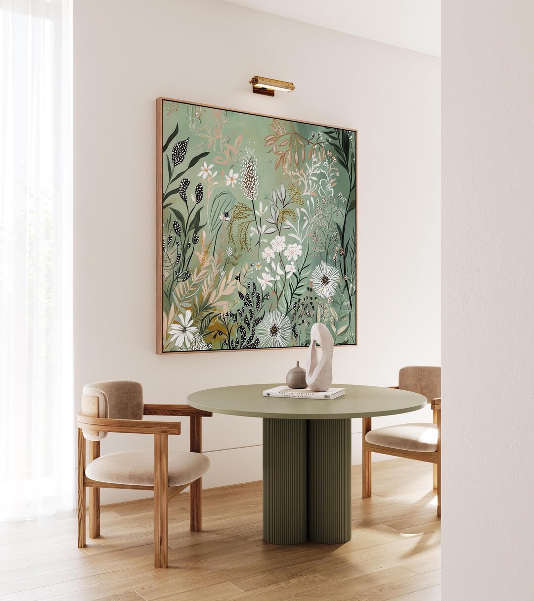 Square Sage Green Canvas With Boho Wildflowers, Modern Botanical ...