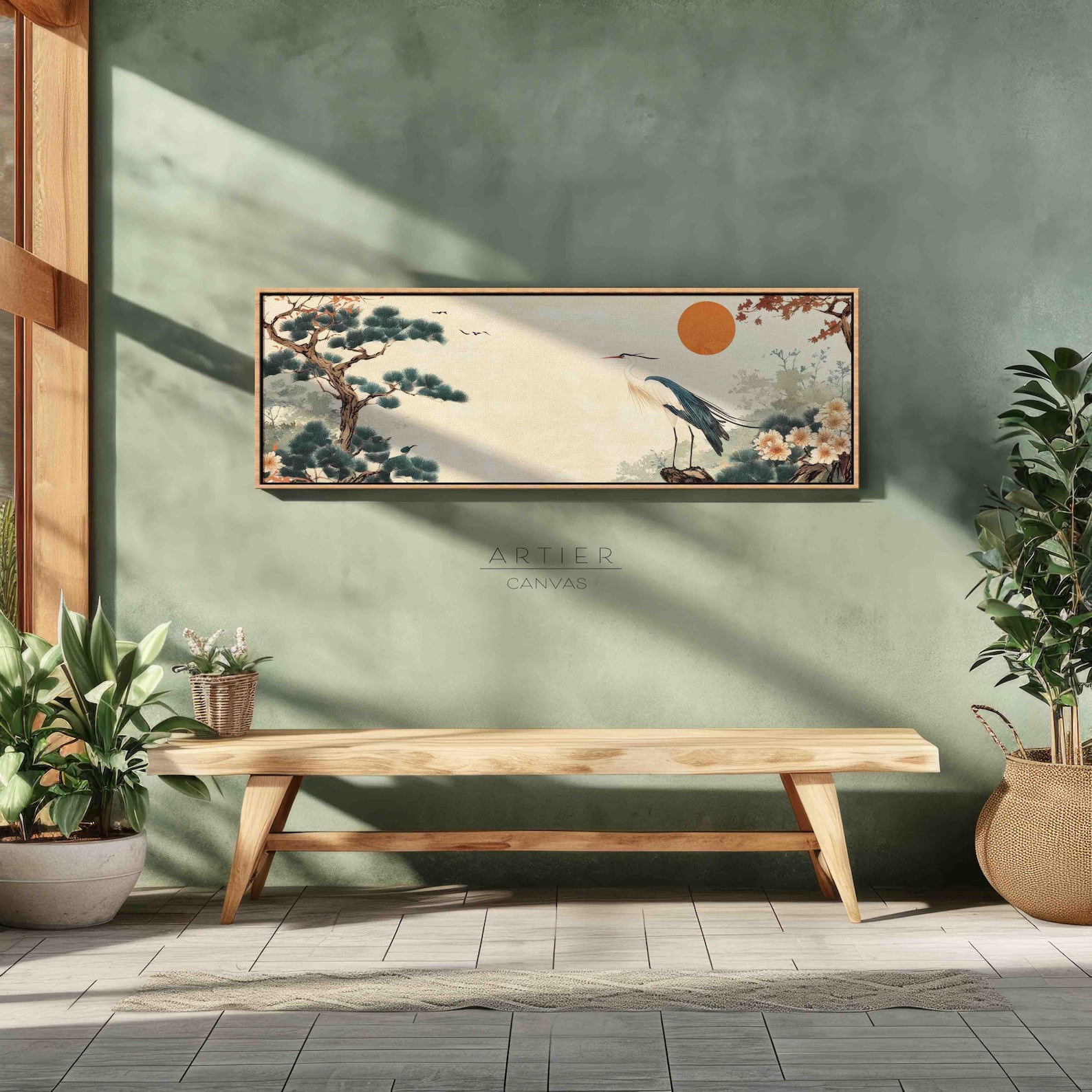 Framed Stork Sunset Canvas Print: Japanese Tapestry Landscape Wall Art ...