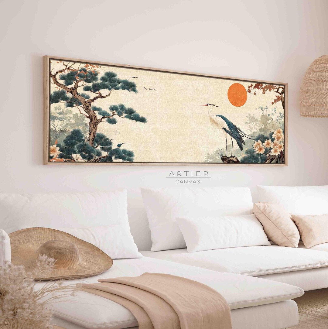 Framed Stork Sunset Canvas Print: Japanese Tapestry Landscape Wall Art ...
